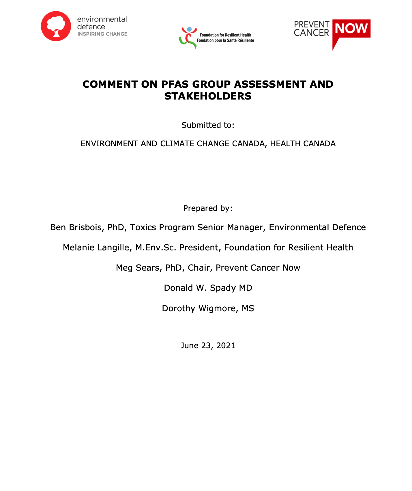 Submission on assessing PFAS as a group - Environmental Defence