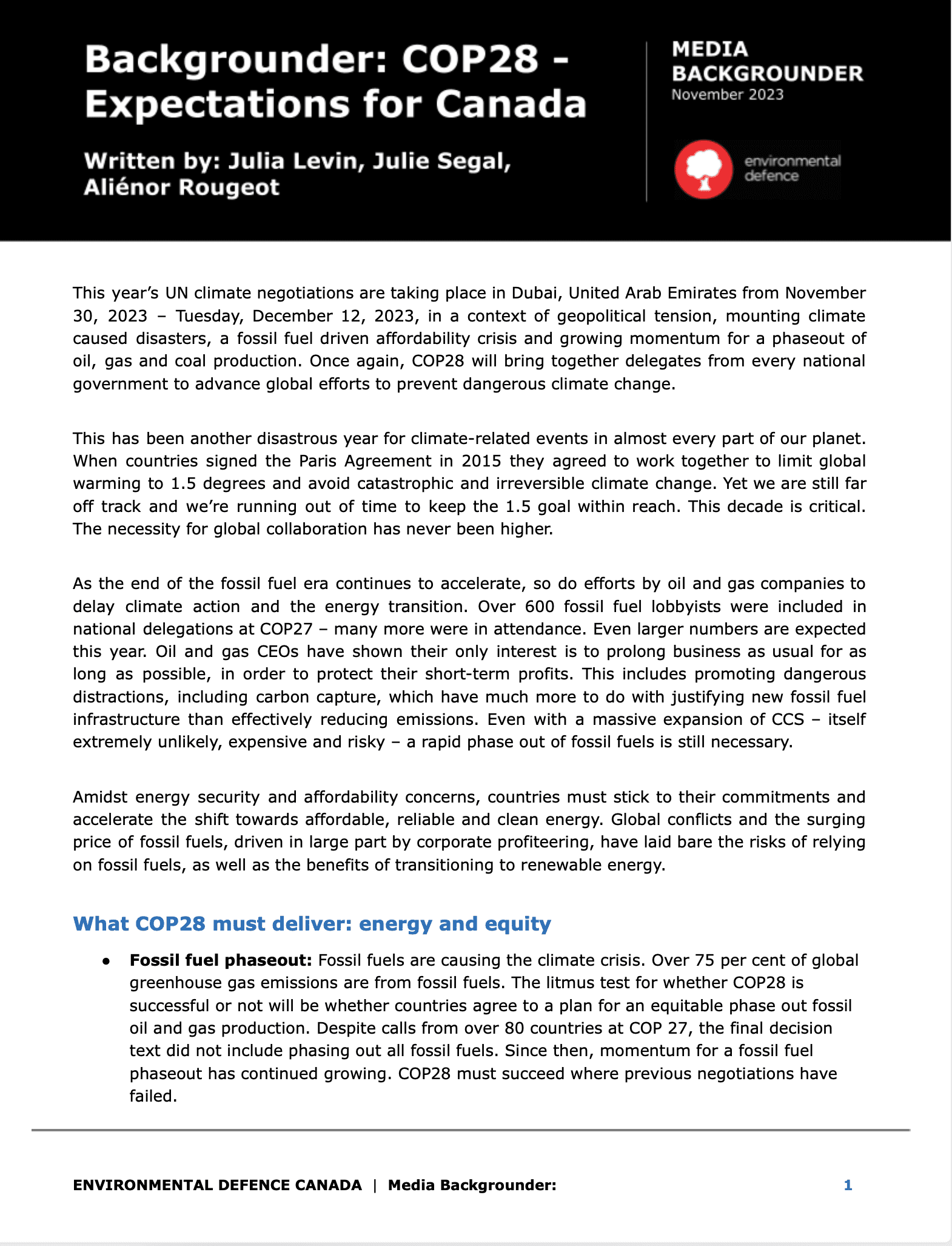 Backgrounder: COP28 - Expectations for Canada - Environmental Defence