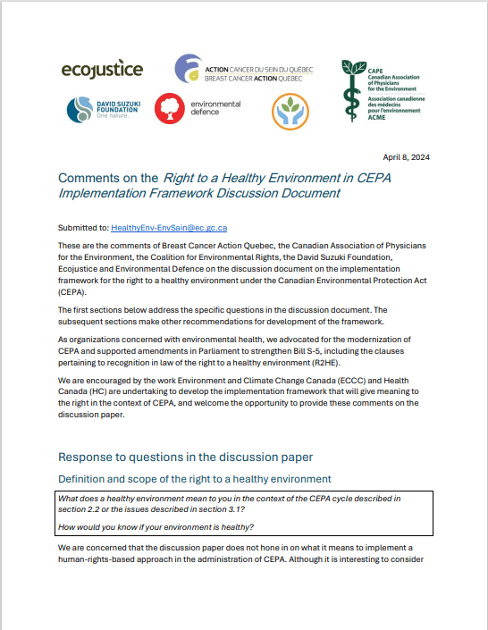 Comments on the Right to a Healthy Environment in CEPA Implementation ...