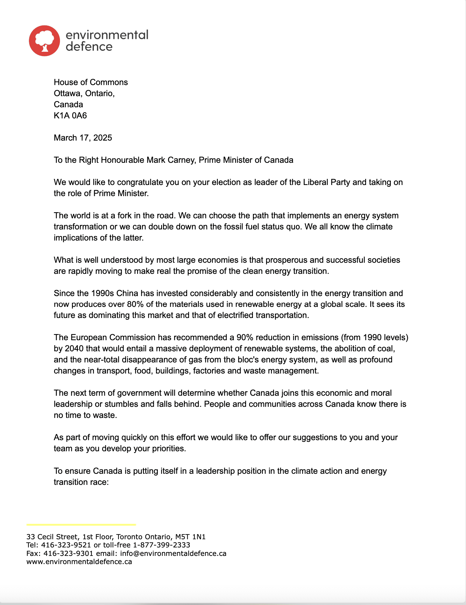 Letter to the Right Honourable Mark Carney, Prime Minister of Canada ...
